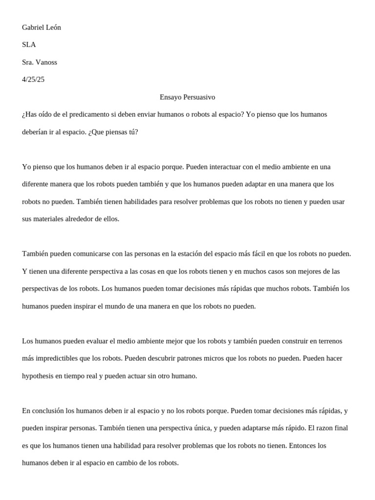 GABRIEL LEON - Ensayo Persuasivo - 5533834 | PDF