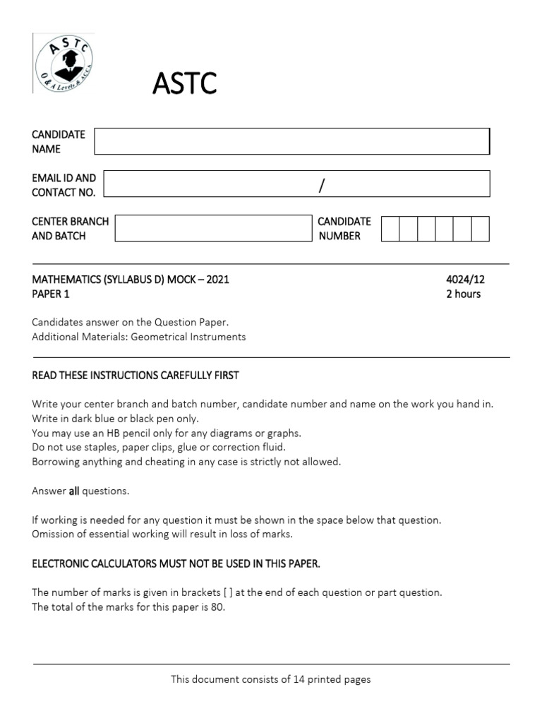 Olevel Mathematics (Paper 1) Mock 2020-2021 - 250430 - 190552 | PDF | Area | Triangle