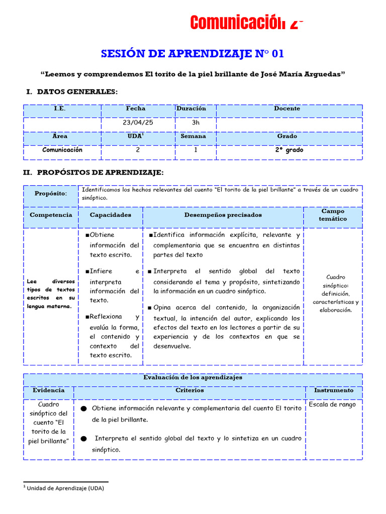 SESIÓN 1 - Leemos y Comprendemos El Torito de La Piel Brillante de José María Arguedas - COM 2 ...