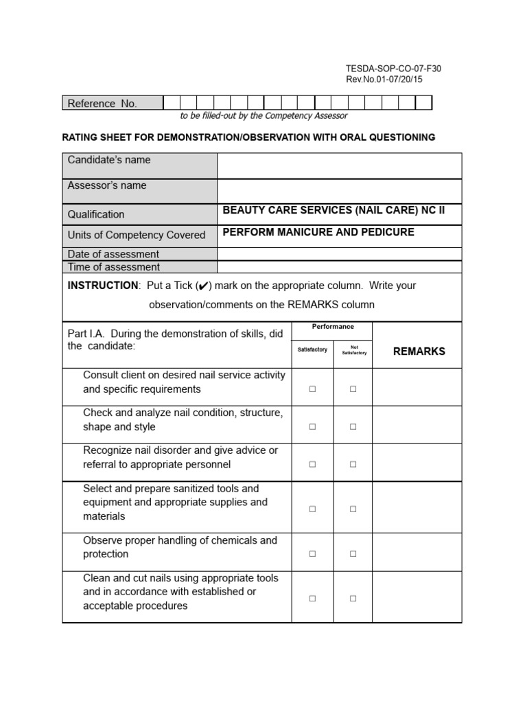 Rating Sheet For Demonstration Observation With Oral Questioning | PDF