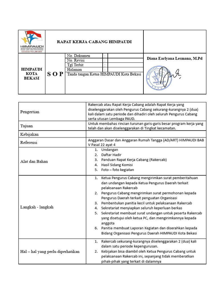 SOP RAPAT KERJA CABANG (Rakercab) HIMPAUDI Kota Bekasi | PDF