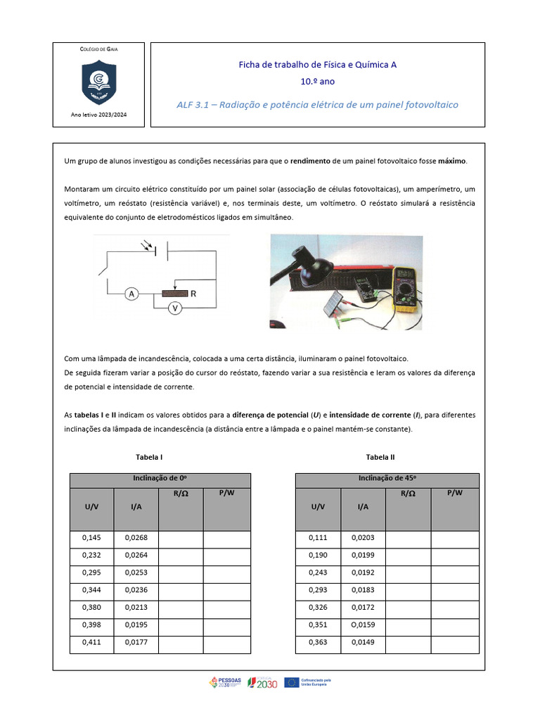 10 Ano A - Ficha ALF 3.1 Radiacao e Potencia Eletrica Painel ...