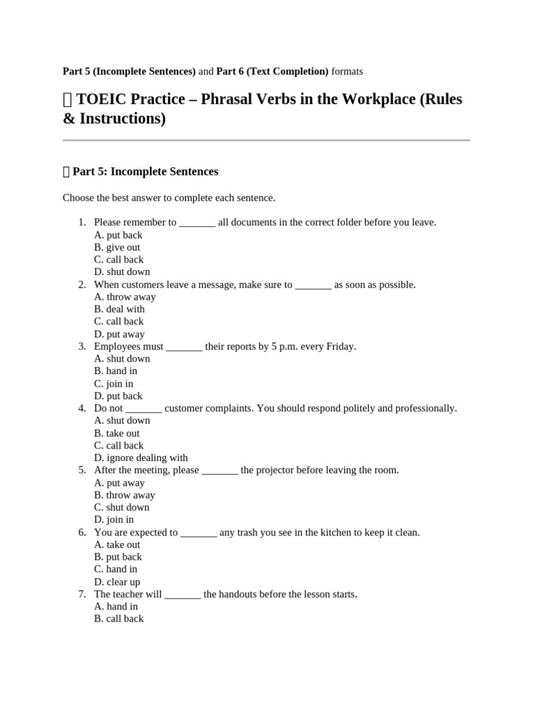 TOEIC Practice: Workplace Phrasal Verbs | PDF