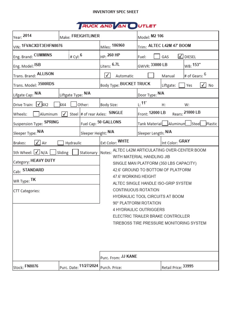 Spec Sheet TRUCK AND VAN OUTLET - 1FVACXDT3EHFN8076 | PDF | Truck ...