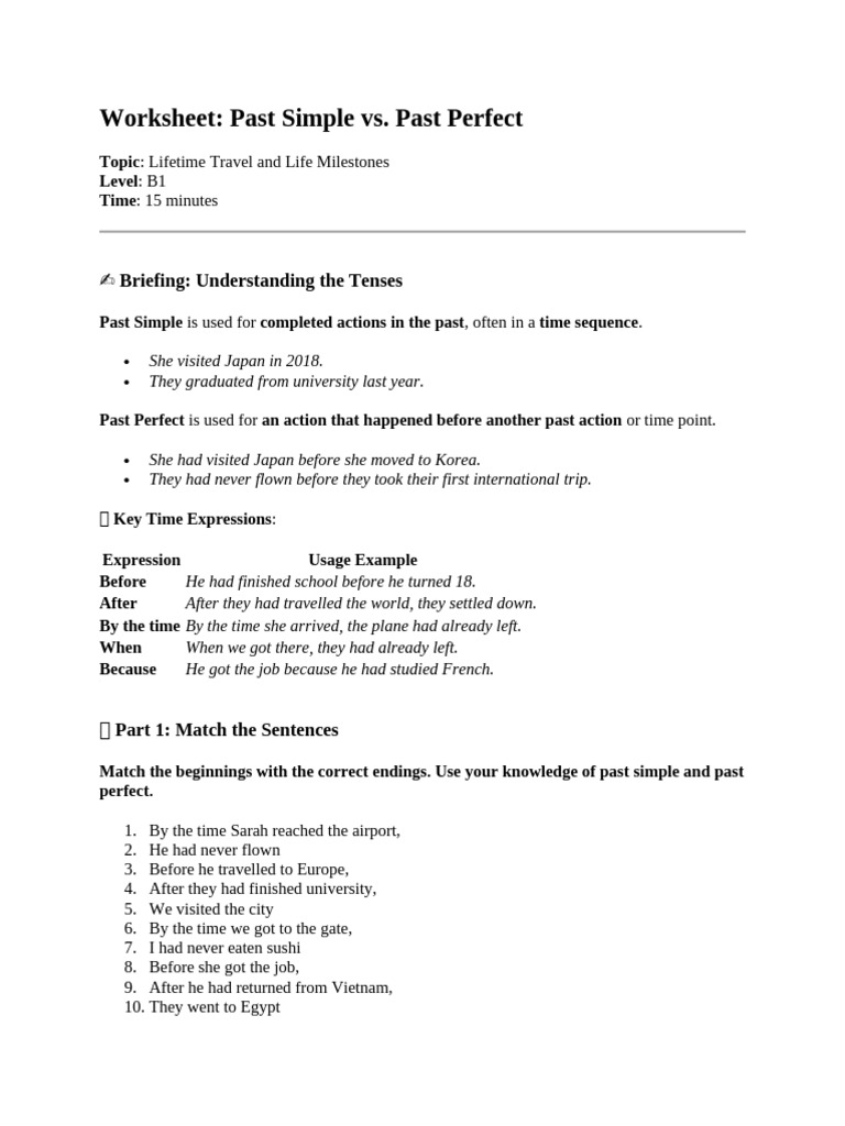 Past Simple vs. Past Perfect Worksheet | PDF | Perfect (Grammar ...