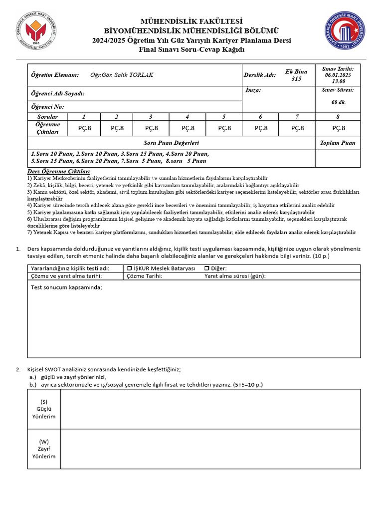 24G Kariyer Planlama, 2 Final, Biyo | PDF