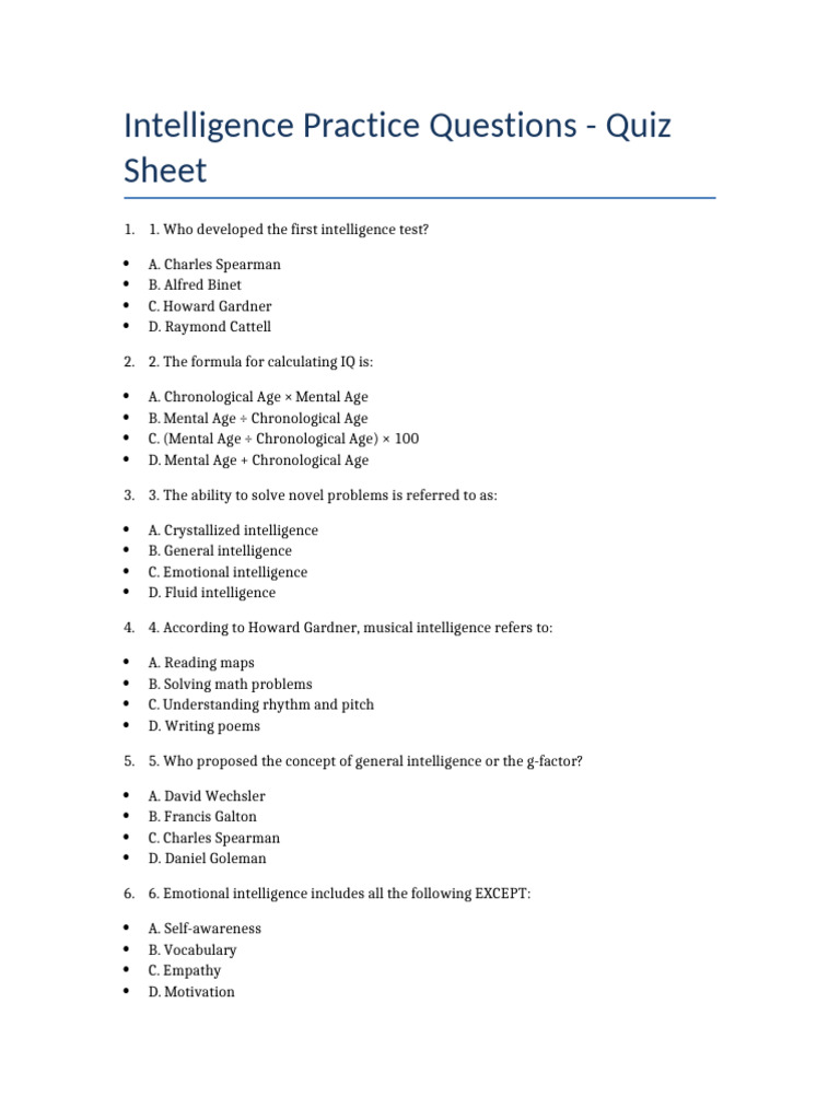 Intelligence Practice Quiz Questions | PDF | Intelligence Quotient ...