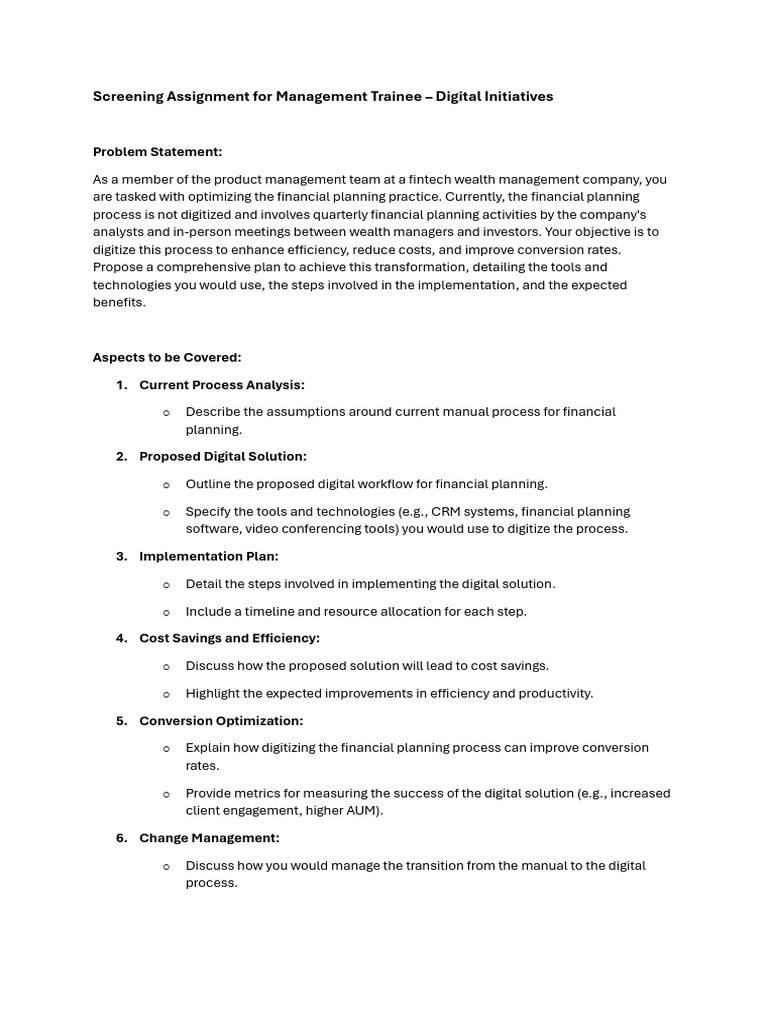 Screening Assignment For Management Trainee - Digital Initiatives | PDF