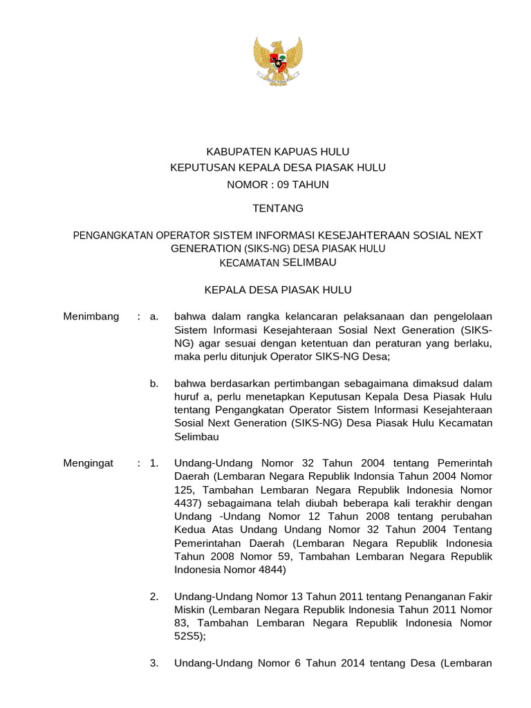 Pengangkatan Operator SIKS-NG Piasak Hulu | PDF