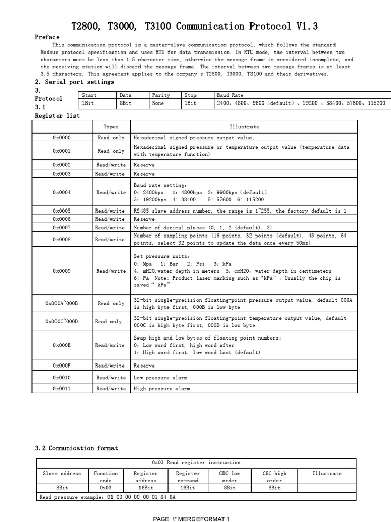 T2800 Communication Protocol V1.3 | PDF | Computer Data | Data Transmission