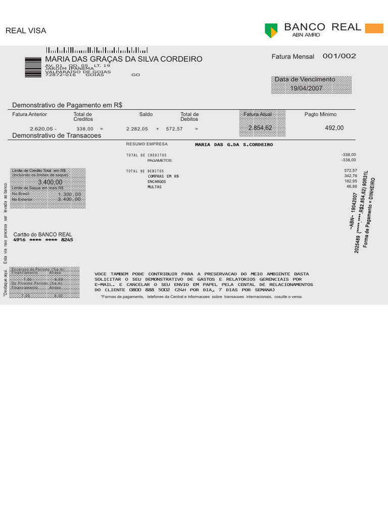 Faturas Mensais do Banco Real | PDF | Cartão de crédito | Bancos