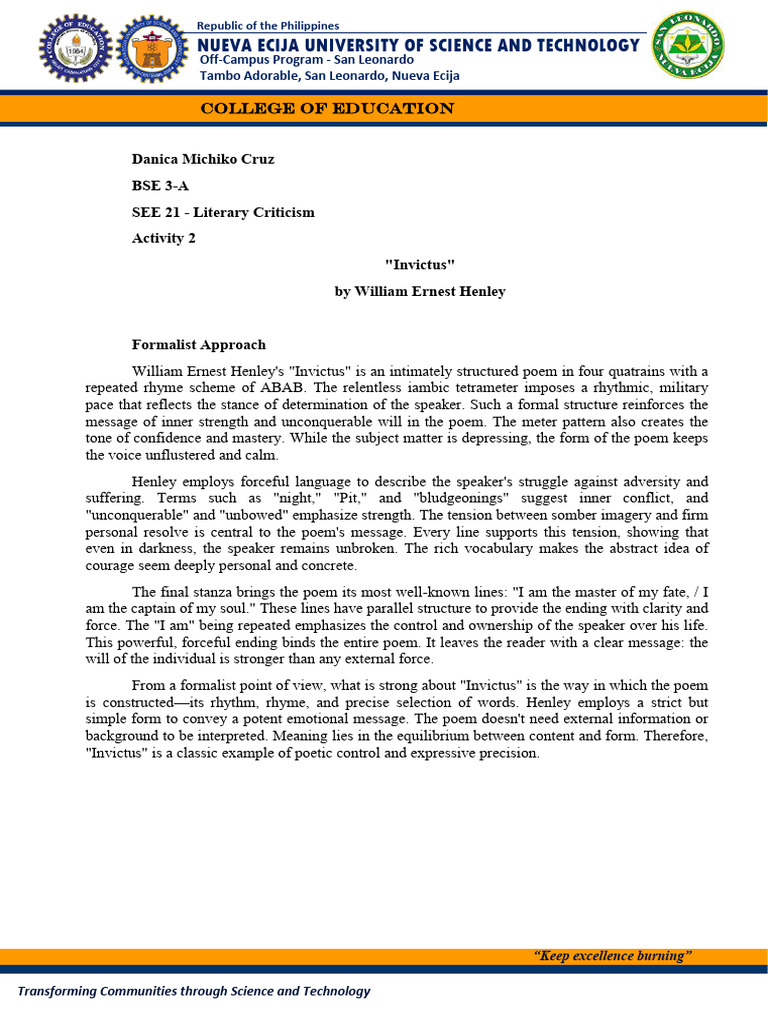 "Invictus" by William Ernest Henley | PDF | Poetry | Poetics