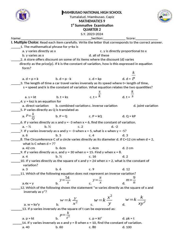 Math 9 1st Summative Exam Q2 | PDF | Mathematics