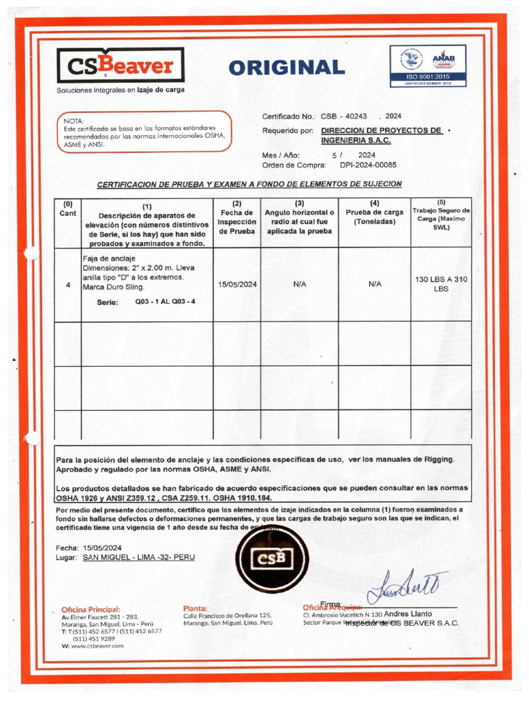 Faja de Anclaje Q03 - 1 Al Q03 - 4 | PDF