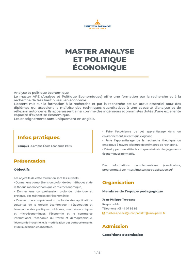 Master APE : Analyse et Politique Économique | PDF | Économie | Économie