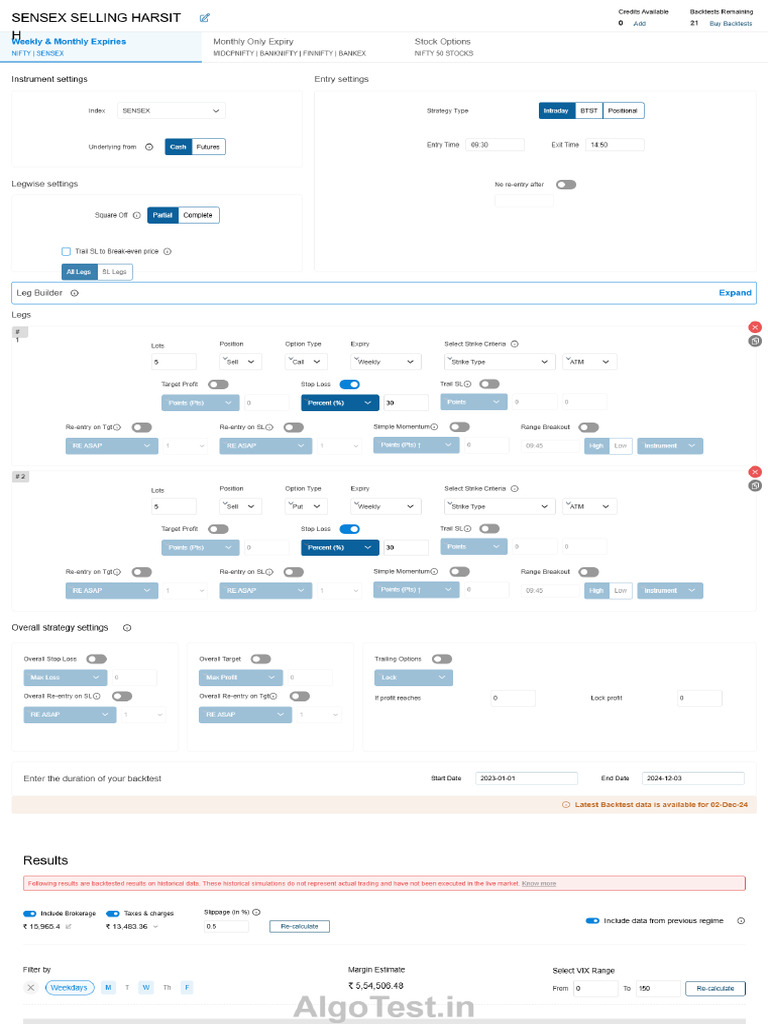 algotest_strategy_SENSEX SELLING HARSITH_2024-12-03-12_14_57 | PDF