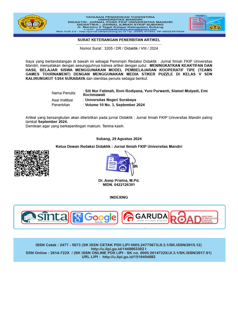 Letter of Acceptance (LoA) - Penulis - Siti Nur Fatimah, Roni Rodiyana, Yuni Purwanti, Slamet ...