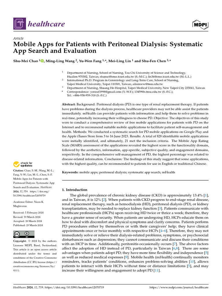 Mobile Apps for Patients With Peritoneal Dialysis Systematic | PDF | Chronic Kidney Disease