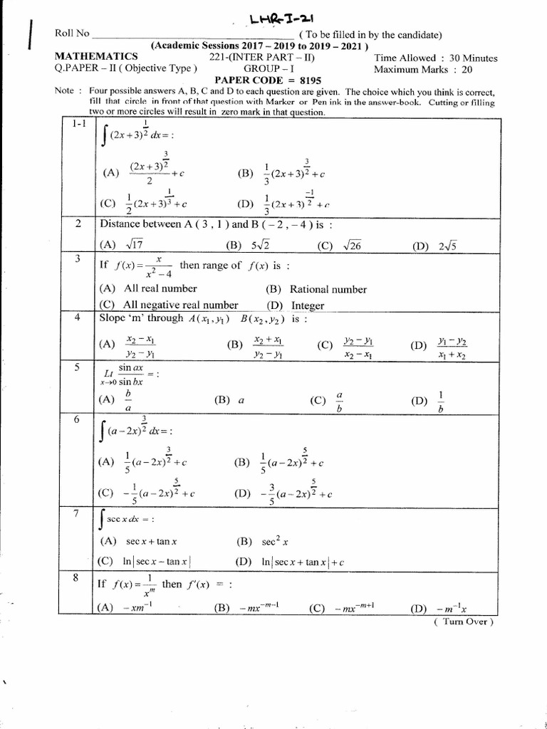 Mathematics-12-LHR Board Paper 2025 | PDF
