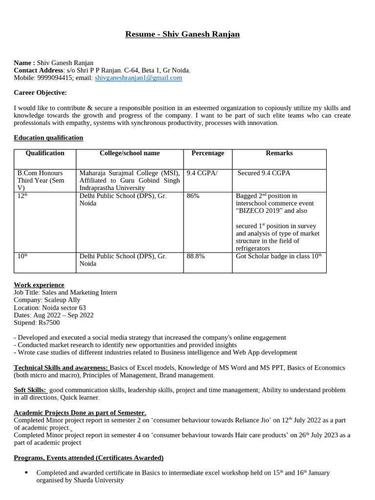 Shivganesh Ranjan Resume | PDF