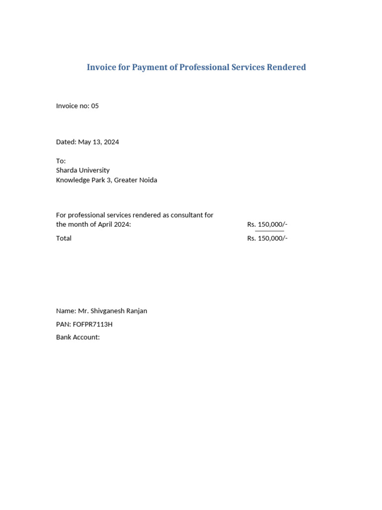 Invoice For Payment of Professional Services Rendered Apr 2024 ...