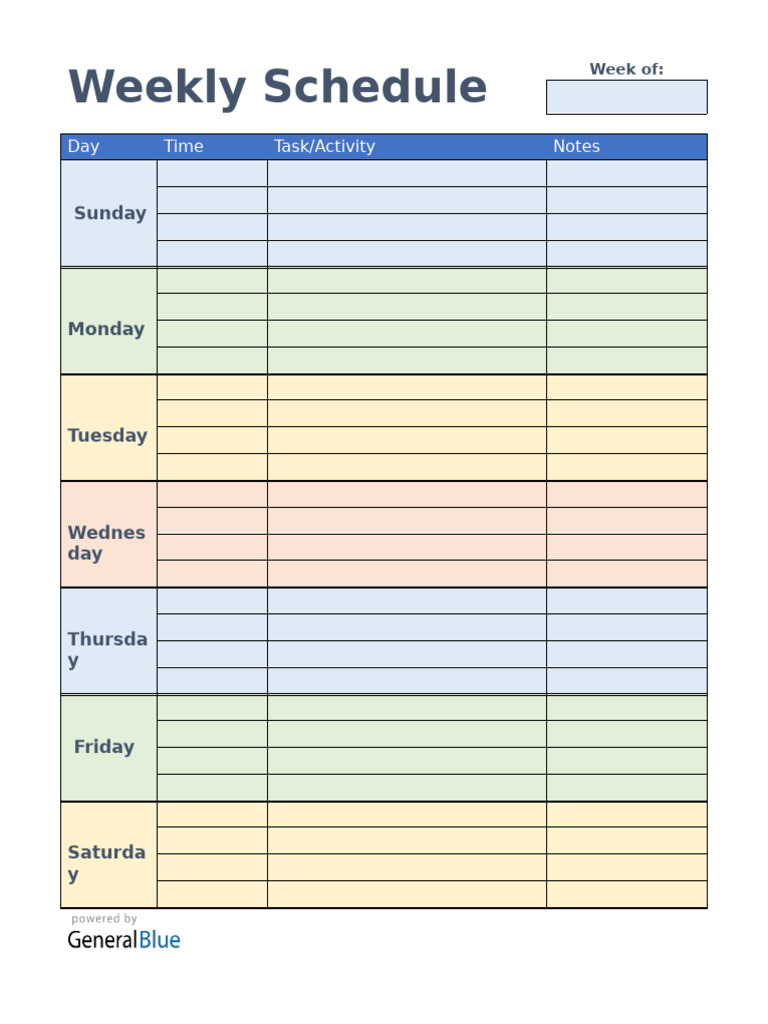 Colorful Free Weekly Schedule Template | PDF
