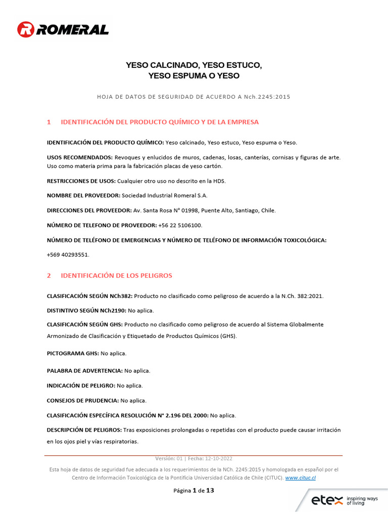 Hoja de Seguridad del Yeso Calcinado | PDF | Yeso | Materiales