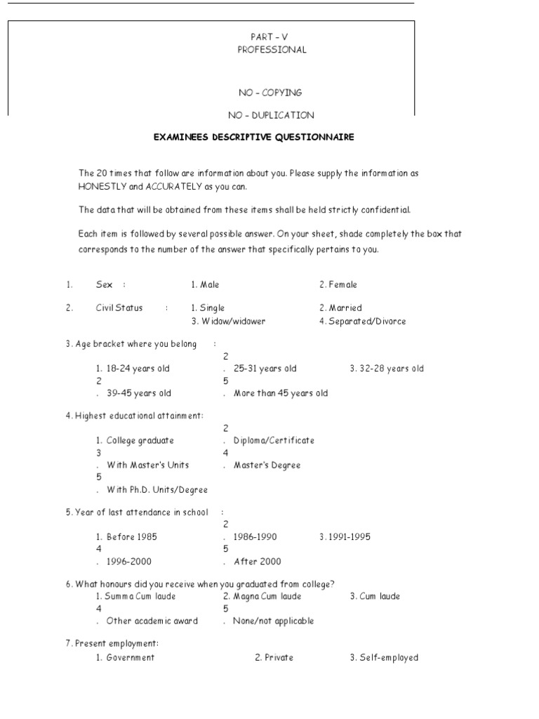 Examinees Descriptive Questionnaire | PDF | Academic Degree | Leadership