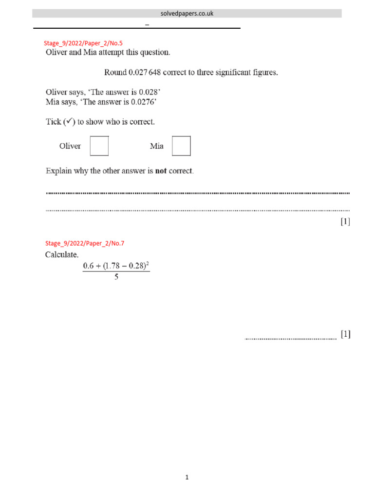 2022 Math Checkpoint Papers Overview | PDF
