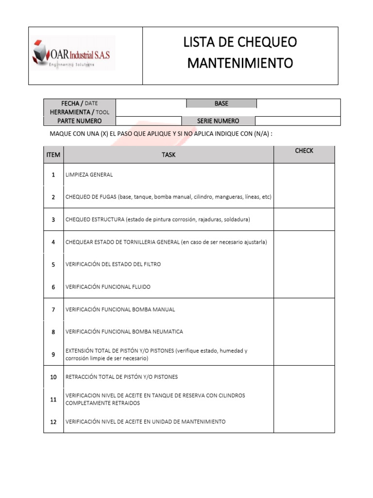 LISTA DE CHEQUEO PARA MANTENIMIENTO | PDF