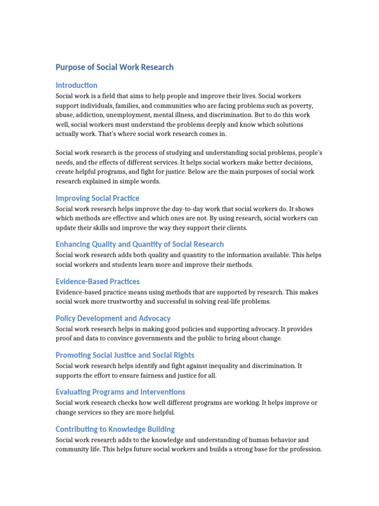 Purpose of Social Work Research | PDF | Social Work | Psychology