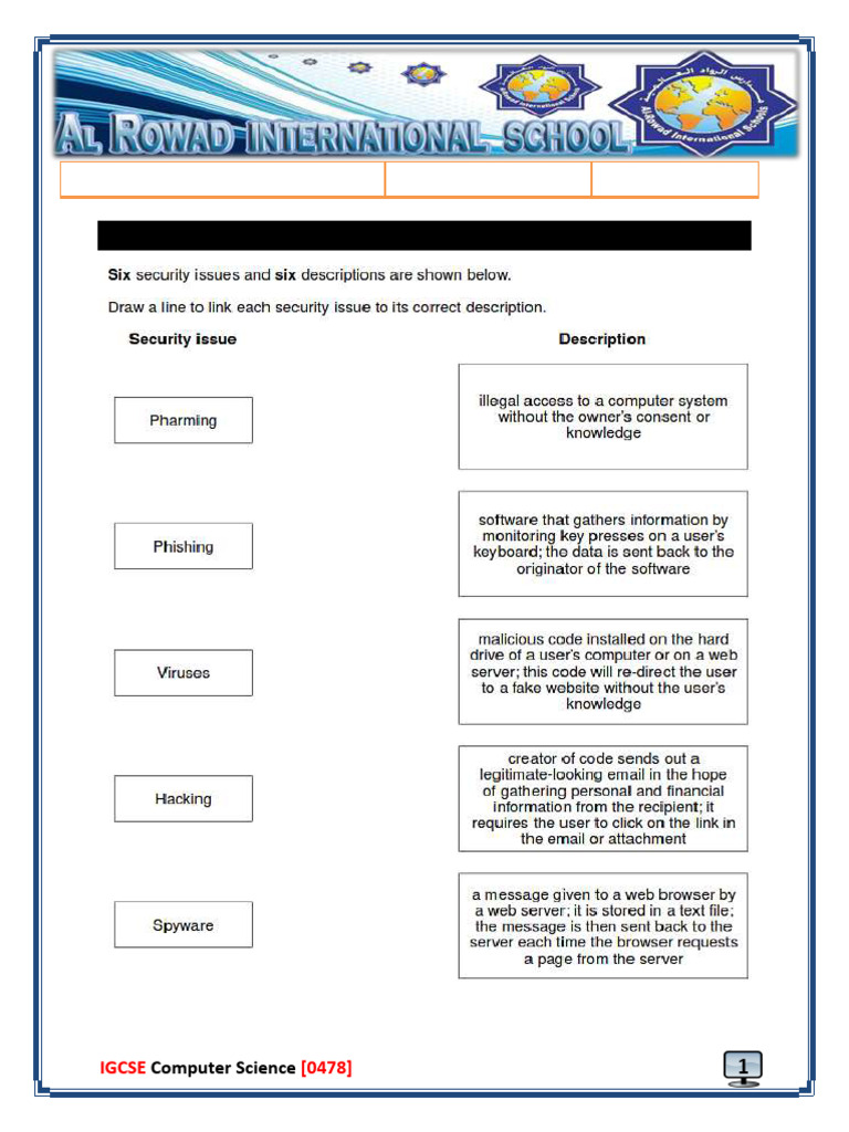 IGCSE Computer Science Cyber Security Worksheet | PDF