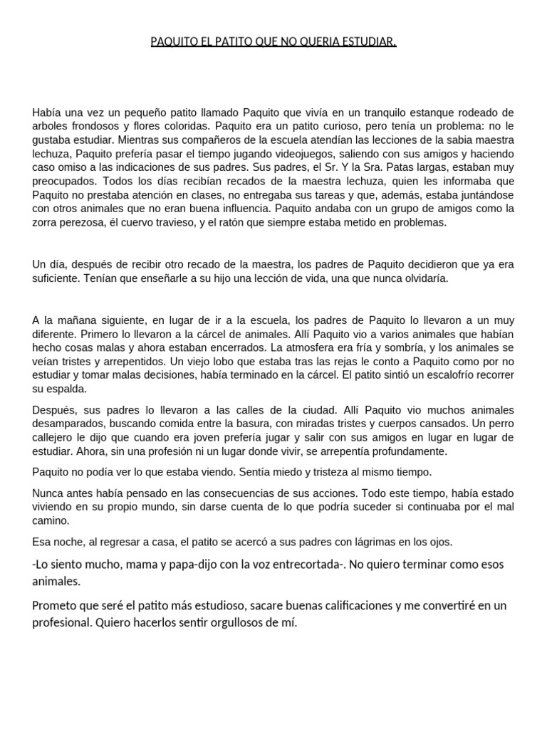 Paquito El Patito Que No Queria Estudiar | PDF