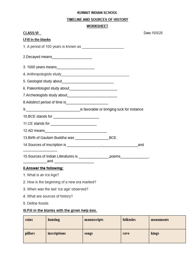 Kis W 6th - History Worksheet-1 | PDF