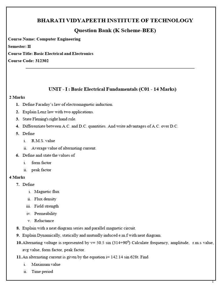 312302-Basic Electrical and Electronics Engineering - Unit Test - 1 ...