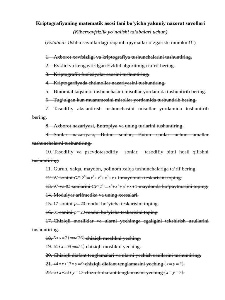 Yakuniy Nazorat Savollari Kriptografiya | PDF