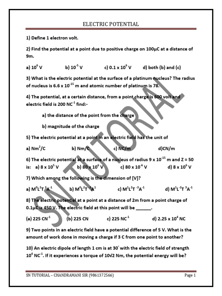 Electric Potential Questions | PDF | Electric Field | Electronvolt