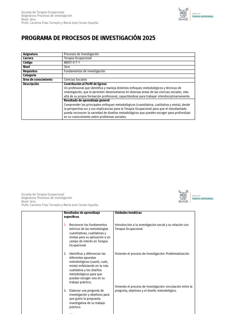 Programa Procesos Invest.2025 | PDF | Psicoterapia | Terapia ocupacional