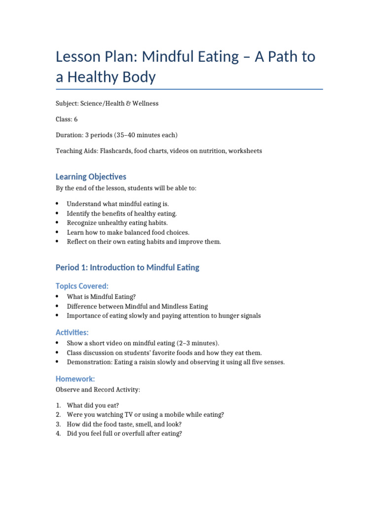 Mindful Eating Lesson Plan for Class 6 | PDF | Foods | Healthy Diet