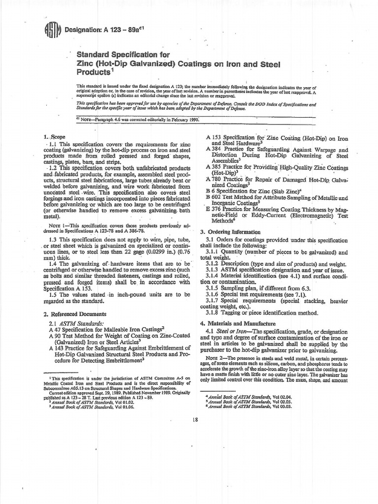 Norma ASTM A123-89 - Zinc Hot Dip Galvanised Coatings On Iron and Steel Products | PDF ...