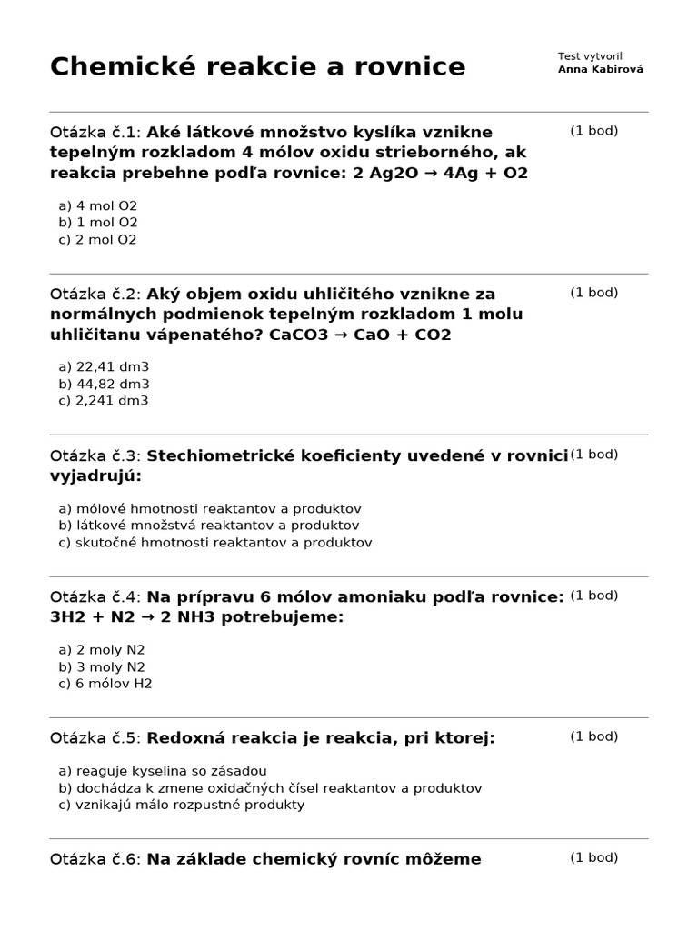 Chemické Reakcie A Rovnice | PDF