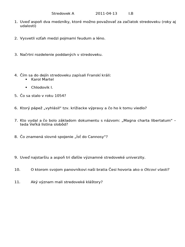 Stredovek - Previerka | PDF