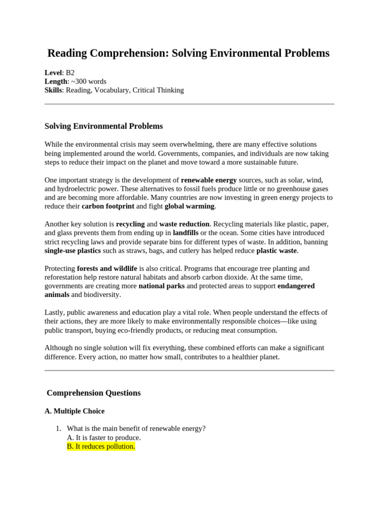 Reading Comprehension 2- Solving Environmental Problems | PDF ...