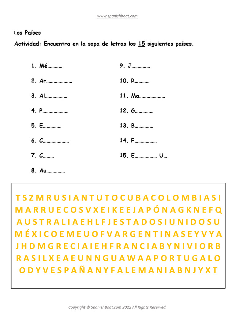 Countries Spanish Wordsearch | PDF