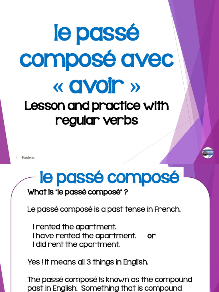 Le Passé Composé Avec Avoir: Lesson and Practice With Regular Verbs ...