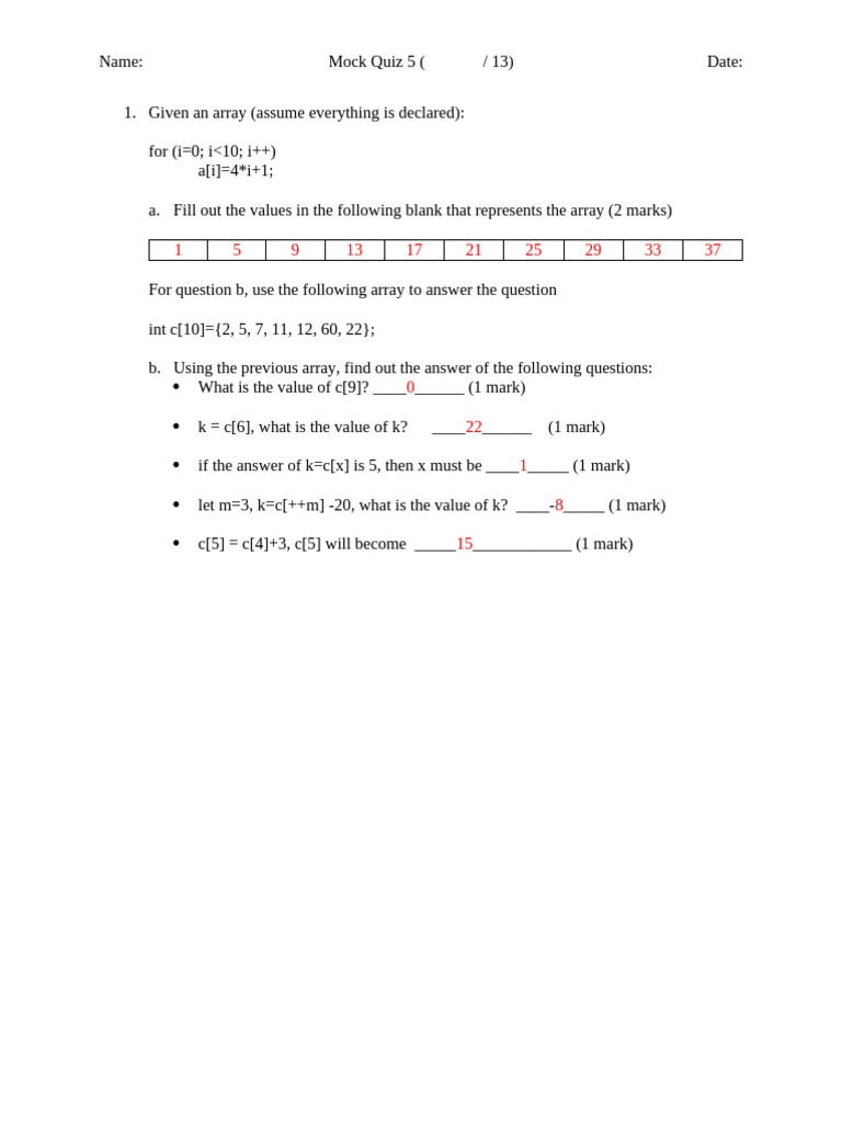 Mock Quiz on Arrays and Programming | PDF