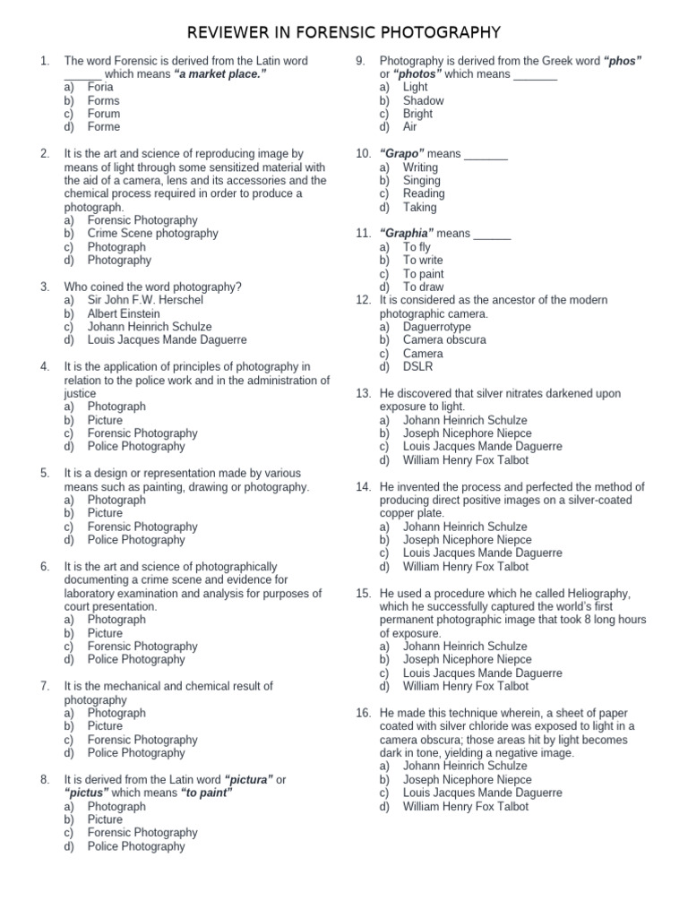 Forensic Photography - Test Questionnaire | PDF | Camera Lens | Camera
