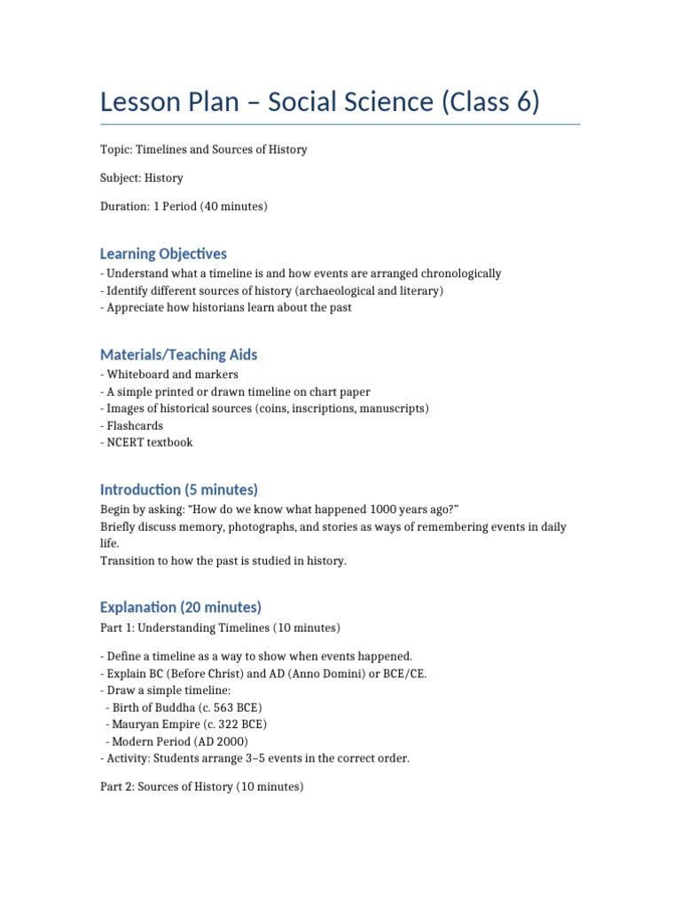 Class 6 Lesson Plan: Timelines & Sources | PDF