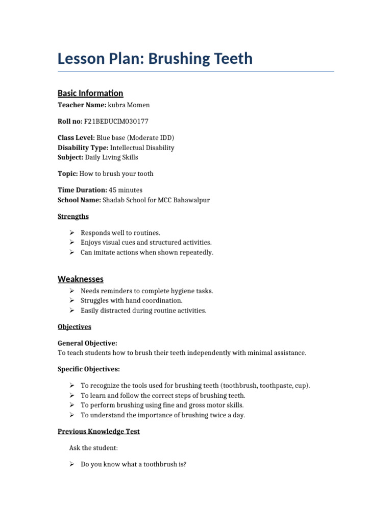 Brushing Teeth Lesson Plan | PDF