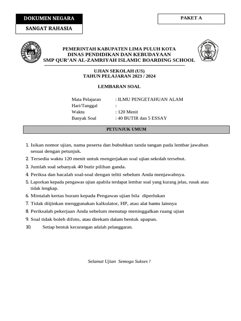 Soal Us Ipa Paket A 2024 | PDF
